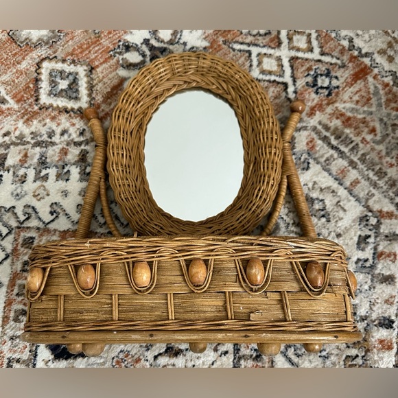 Accents | Vintage Wicker Mirror With Storage Basket Caddy Bohemian 7s ...
